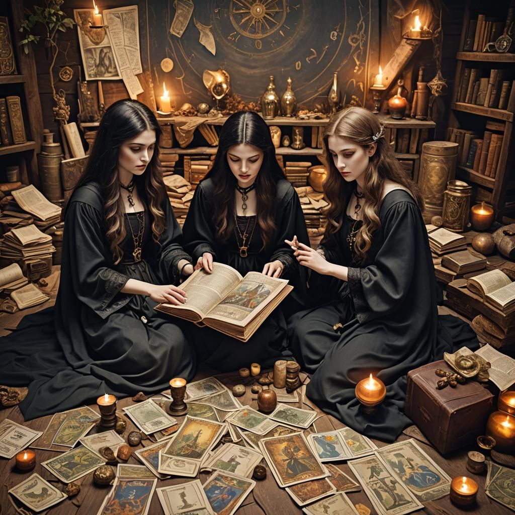 Tarot cards and scrolls are scattered on the floor, three young witches ...