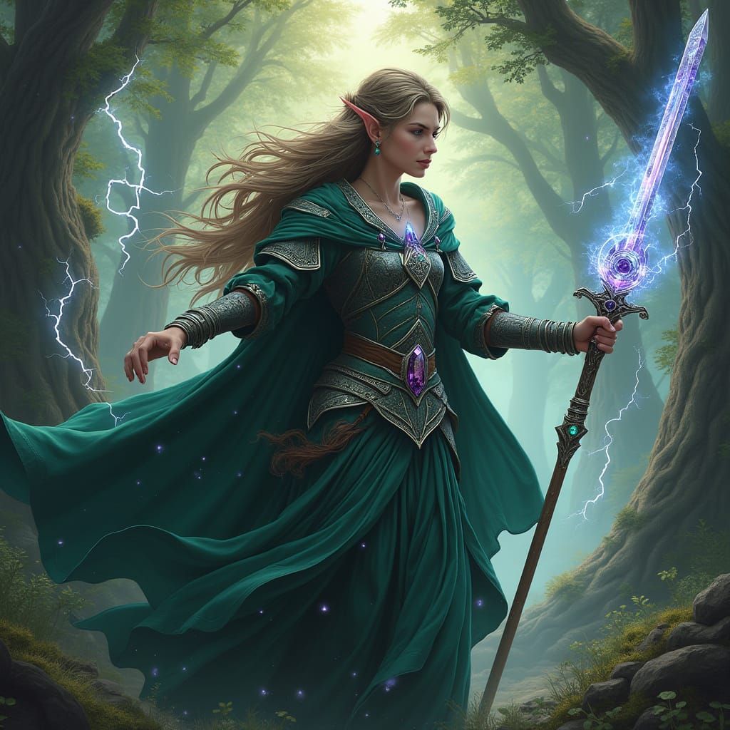 ELVE MAGE. - Ethereal Elven Mage in Vibrant Forest Landscape