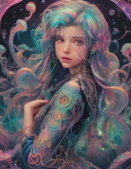 (hyper detailed breathtaking artwork of a iridescent jellyfish mermaid ...