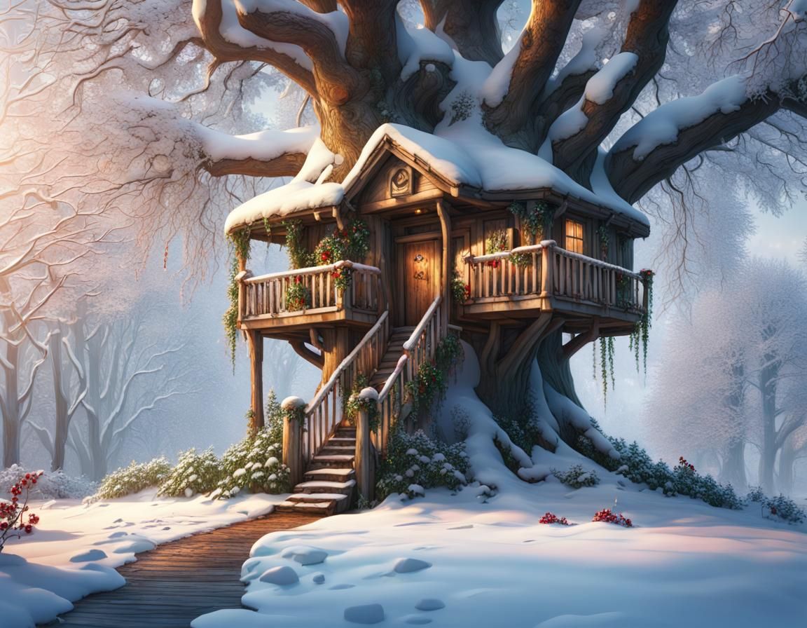 hyperdetailed, intricate beautiful treehouse in winter time, frozen ...