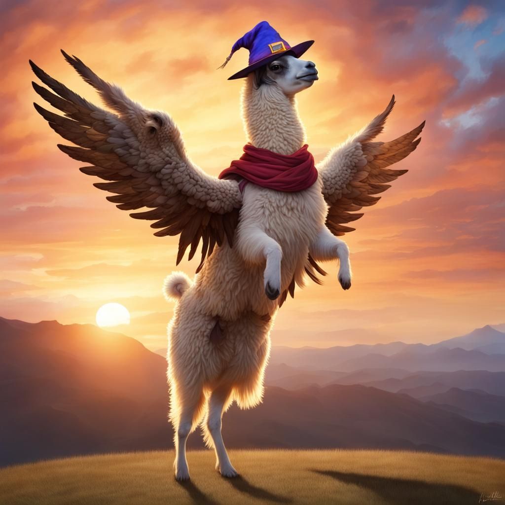 Llama with griffin wings wearing a wizard hat flying into the sunset ...