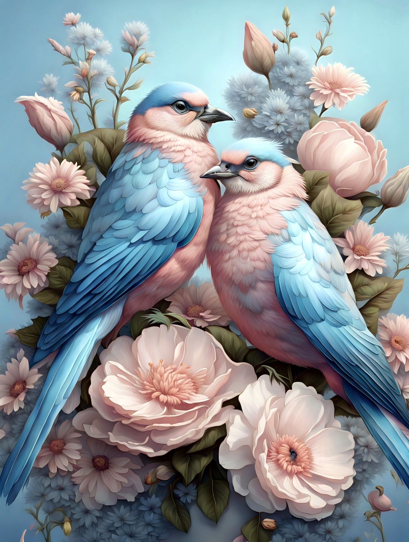 Pink and blue birds together - AI Generated Artwork - NightCafe Creator