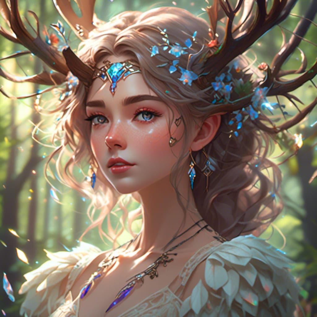 a very pretty human girl/doe deer hybrid in an enchanted forest ...