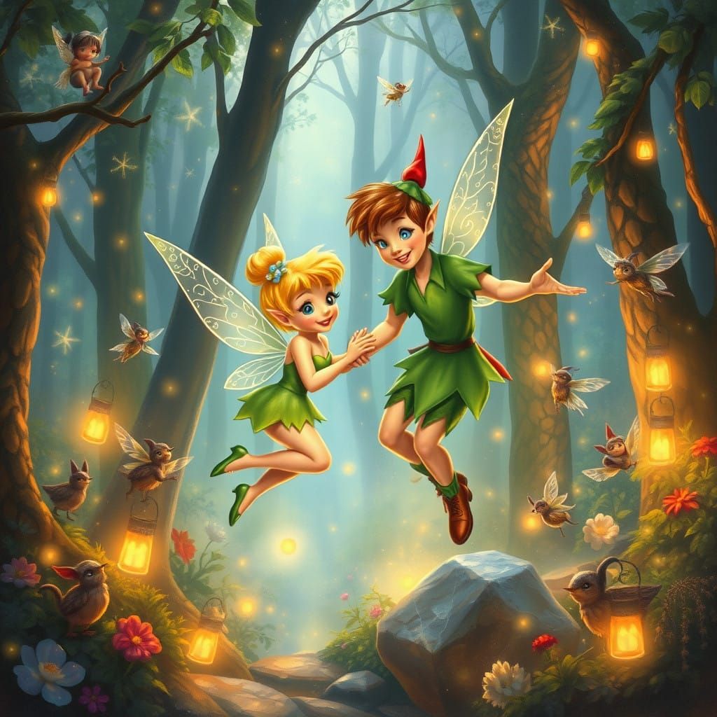 Tinker Bell with Peter Pan in a forest playing with fairies and elves