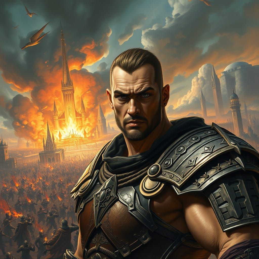 Epic battle plot. - Heroic Warrior Stands Unyielding Amidst...