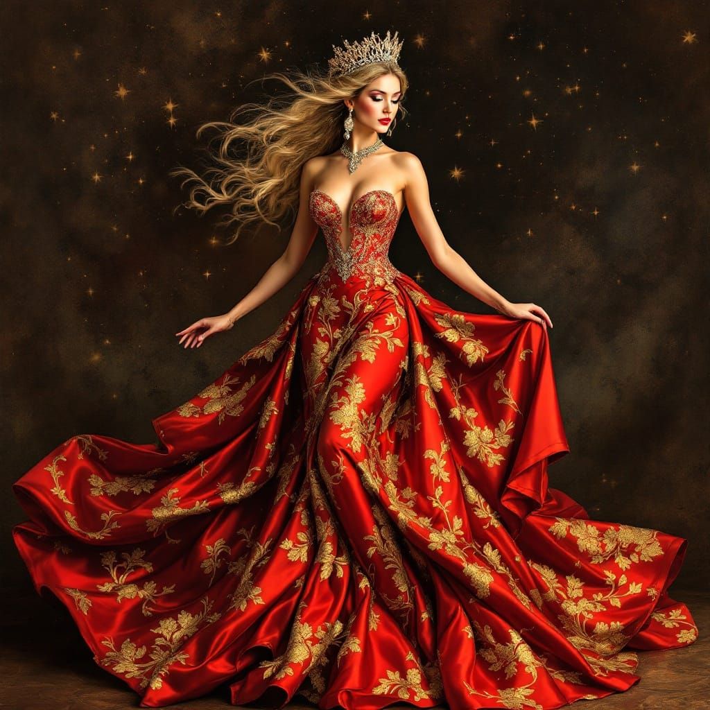 s3xy star Queen in red satin with gold brocade