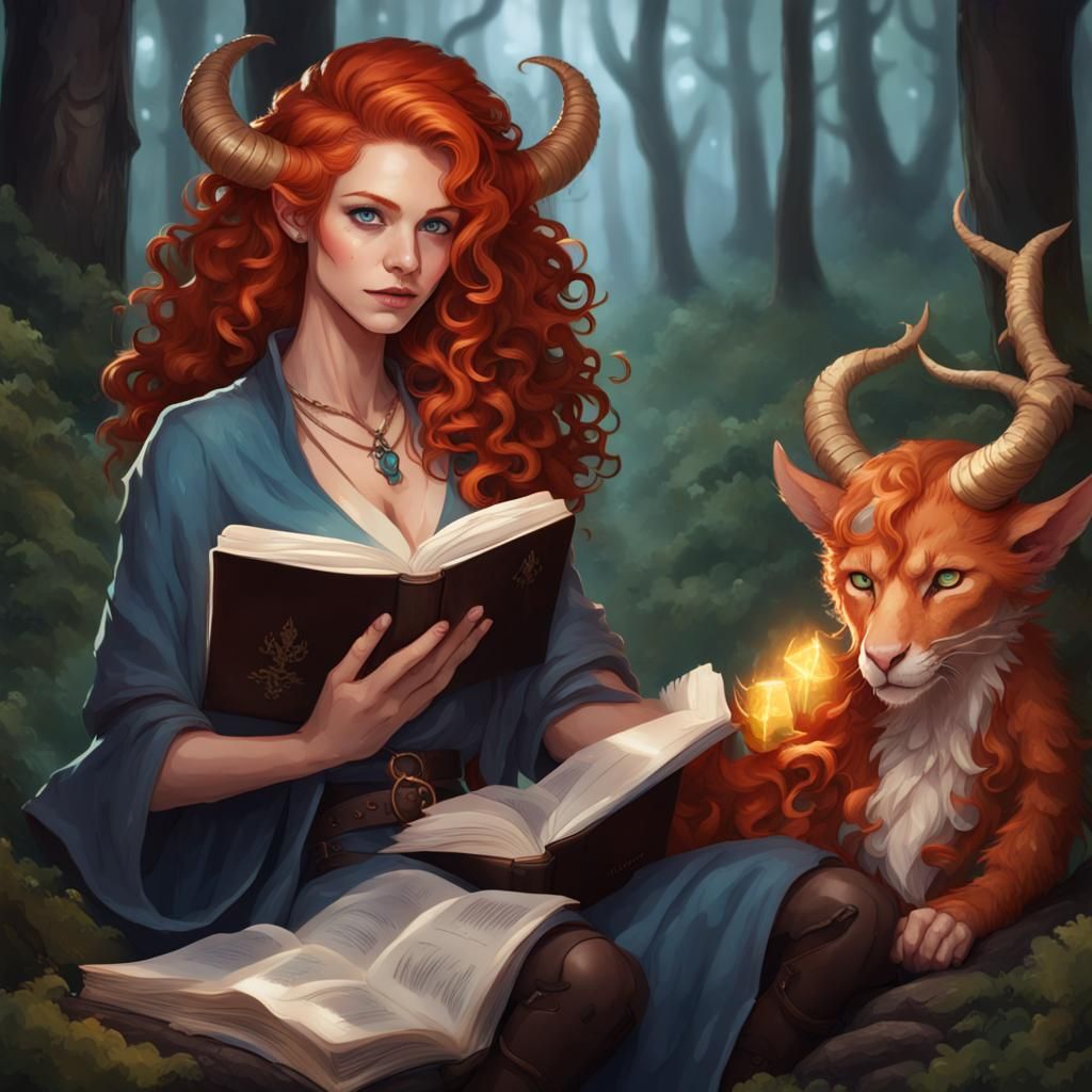 A female tiefling sorcerer from DnD with blue eyes and curly ginger ...