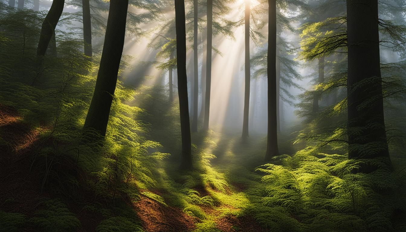 "In the forest thicket (light breaks through the trees in the form of ...