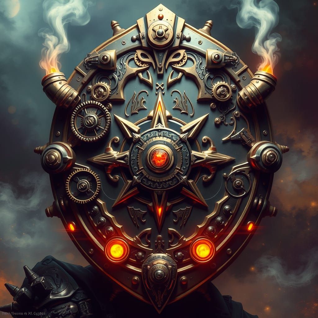A futuristic shield blending Victorian-era aesthetics with steampunk elements