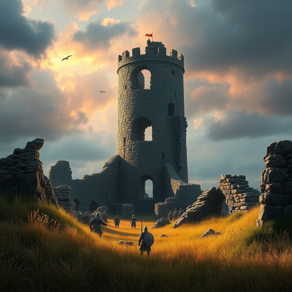 on and scottish summer field a medieval warlord tower in ruins built ...