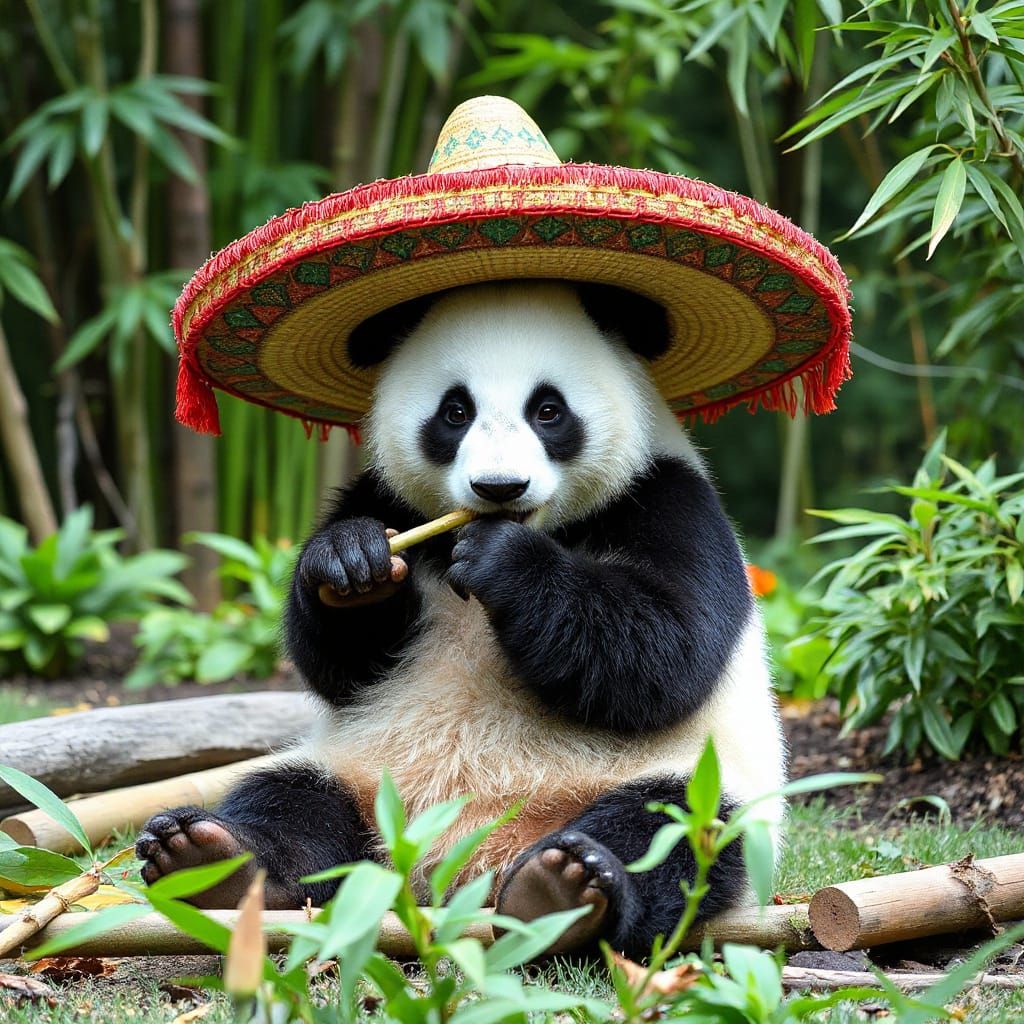 Panda goes to Mexico! - Panda in Garden Wearing a Sombrero