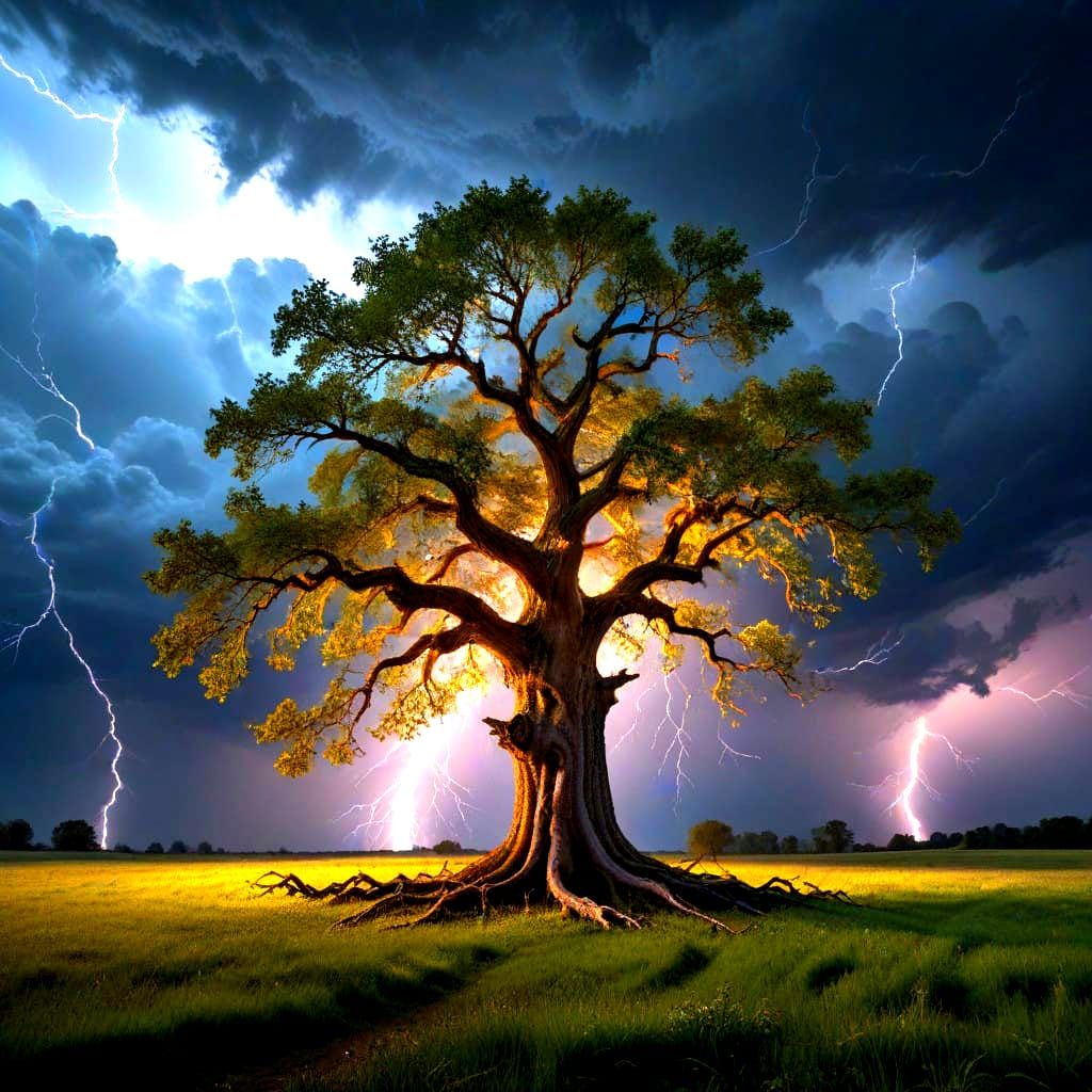 The Oak Tree - Spectacular Oak Tree Illuminated by Thunderst...