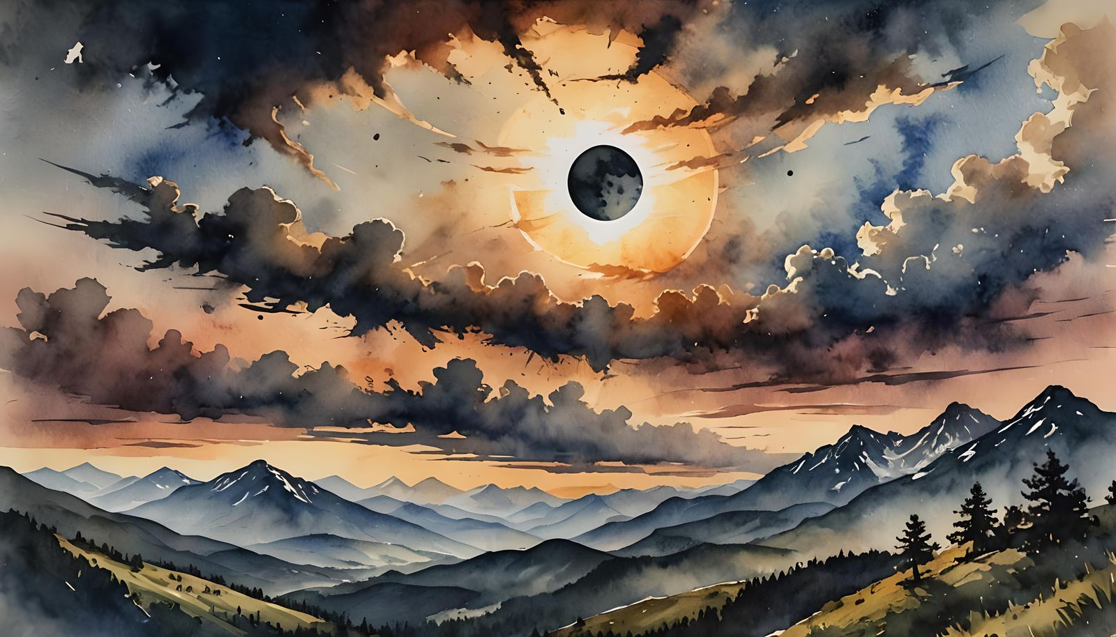solar eclipse at sunset, mountain terrain, towering clouds, dark ...