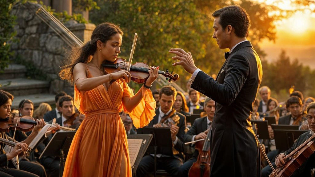 The interplay and the orchestra - Serene Sunset Violinist Ca...