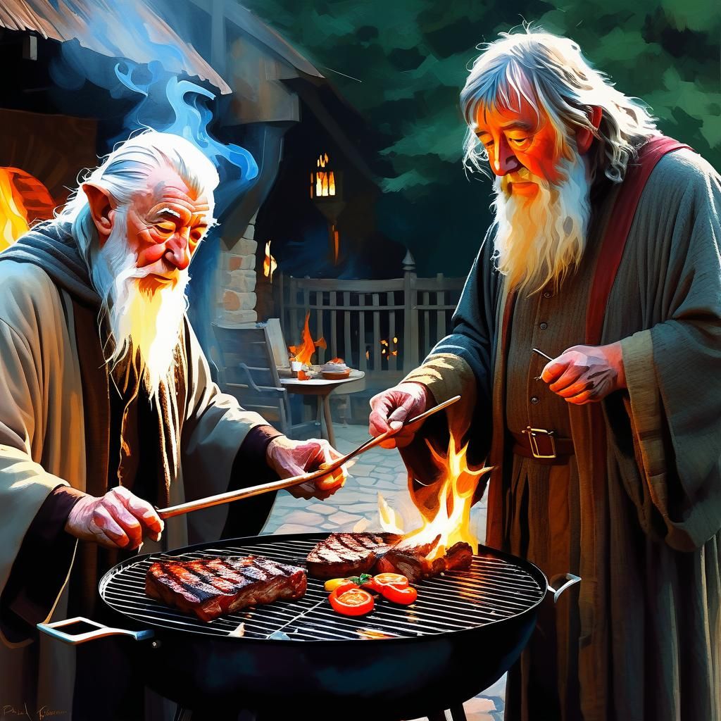 Mystic Wizard BBQ with Young Sorcerer - AI Art