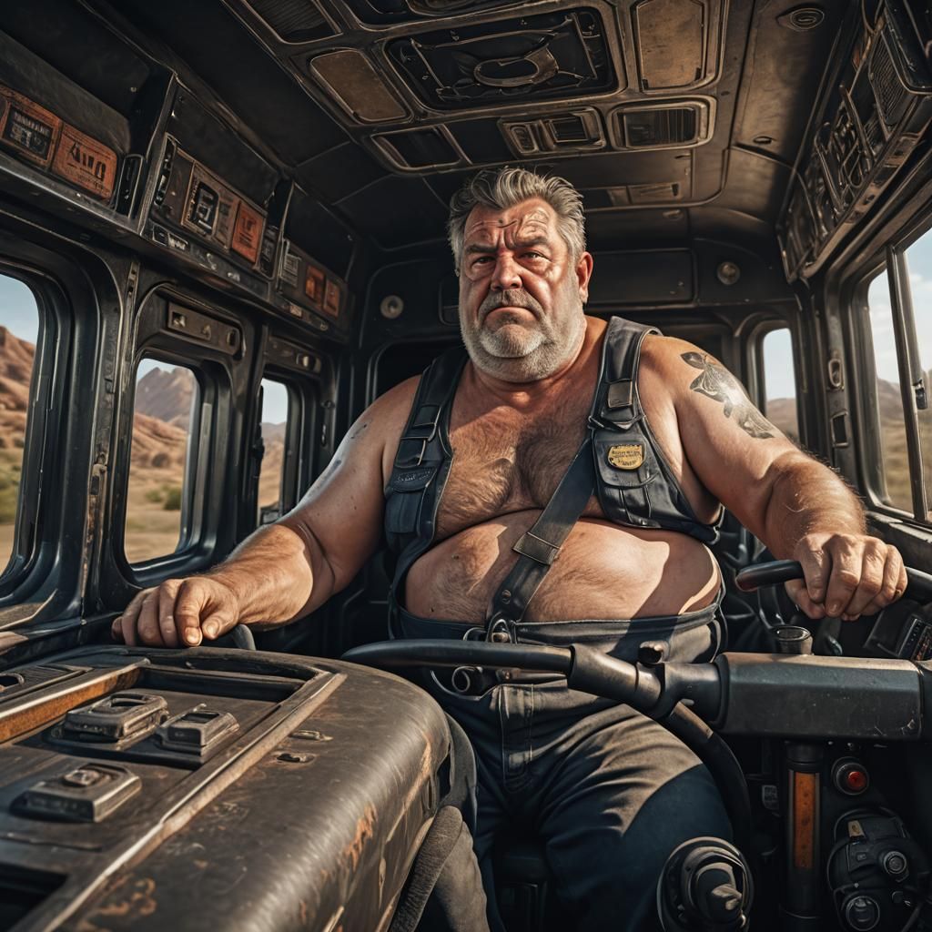 Hyperrealistic image of one shirtless very fat mature truck driver ...