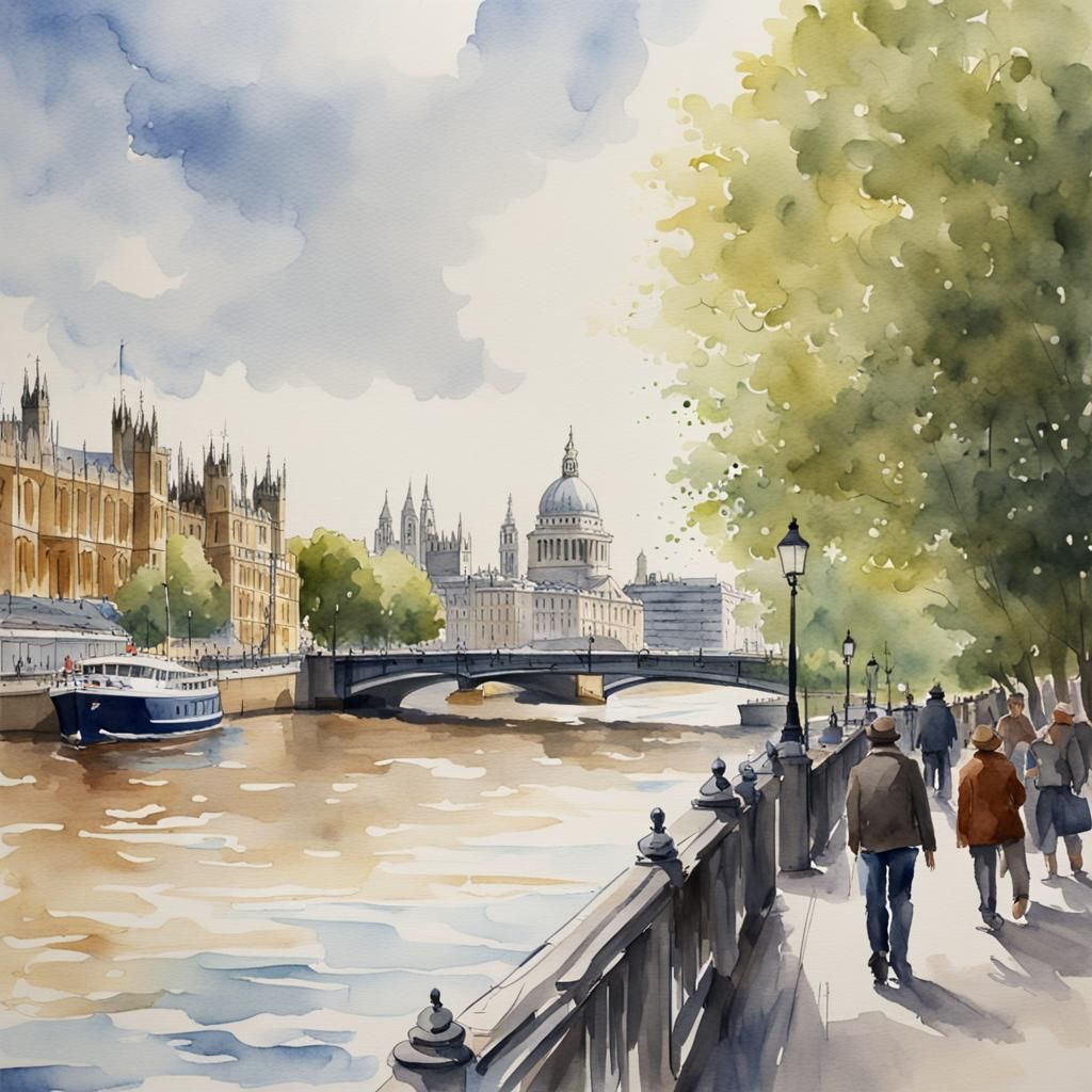 An Artists watercolour impression painting The River Thames London - AI ...