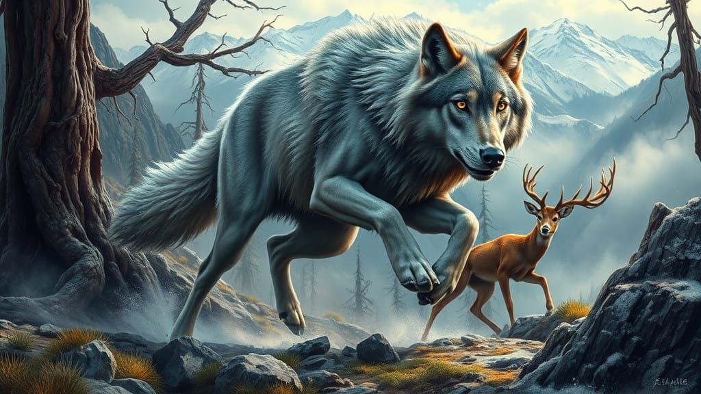 Majestic Wolf Charges Through Mountain Glen - AI Art