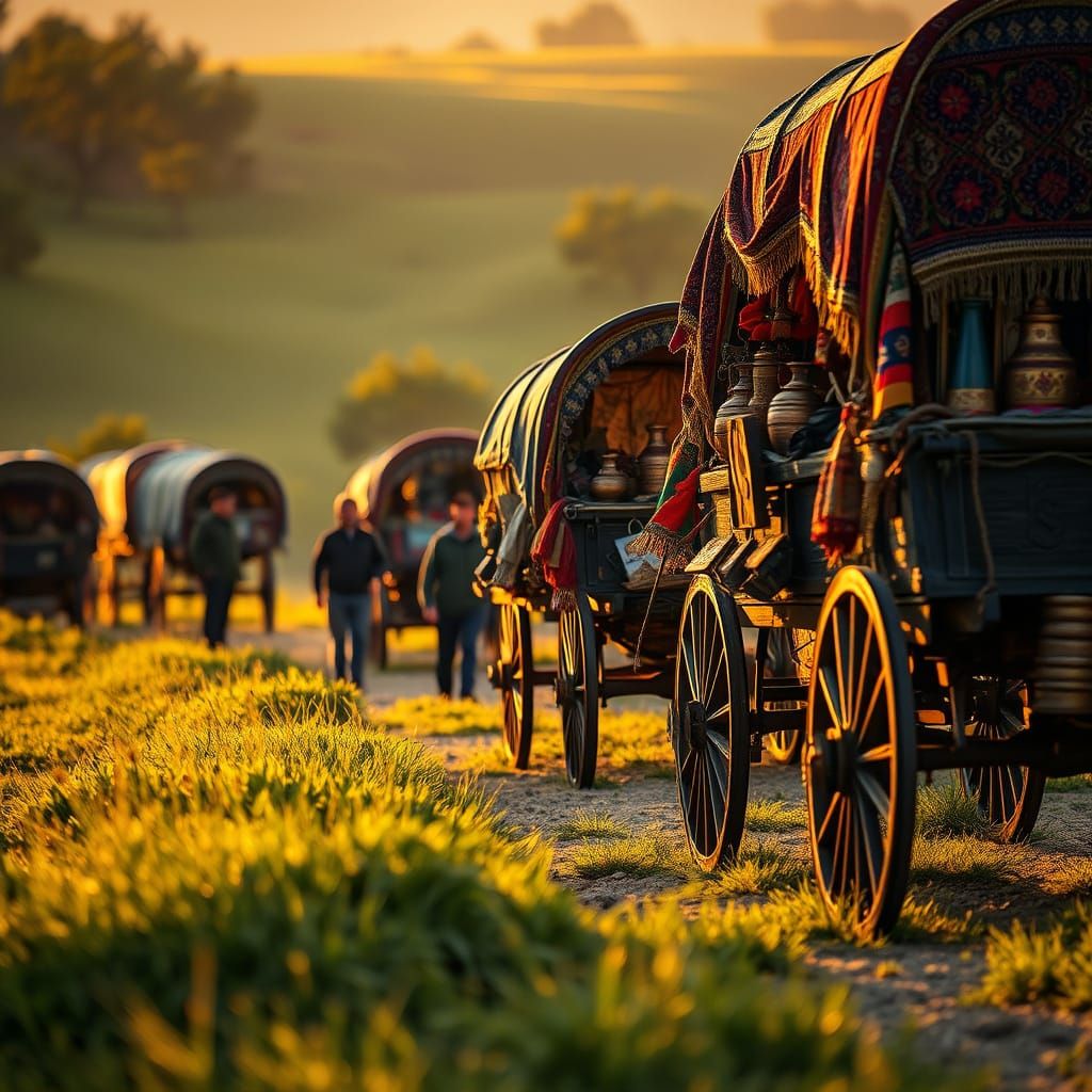 Vibrant Gypsy Encampment at Dawn in Earthy Tones - AI Art