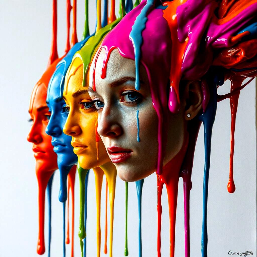 A vibrant and surreal artwork featuring a colorful line of dripping ...