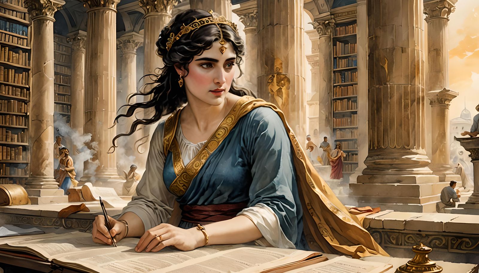 Philosopher Hypatia realizes zealots are burning down the Library of Alexandria - AI Generated ...