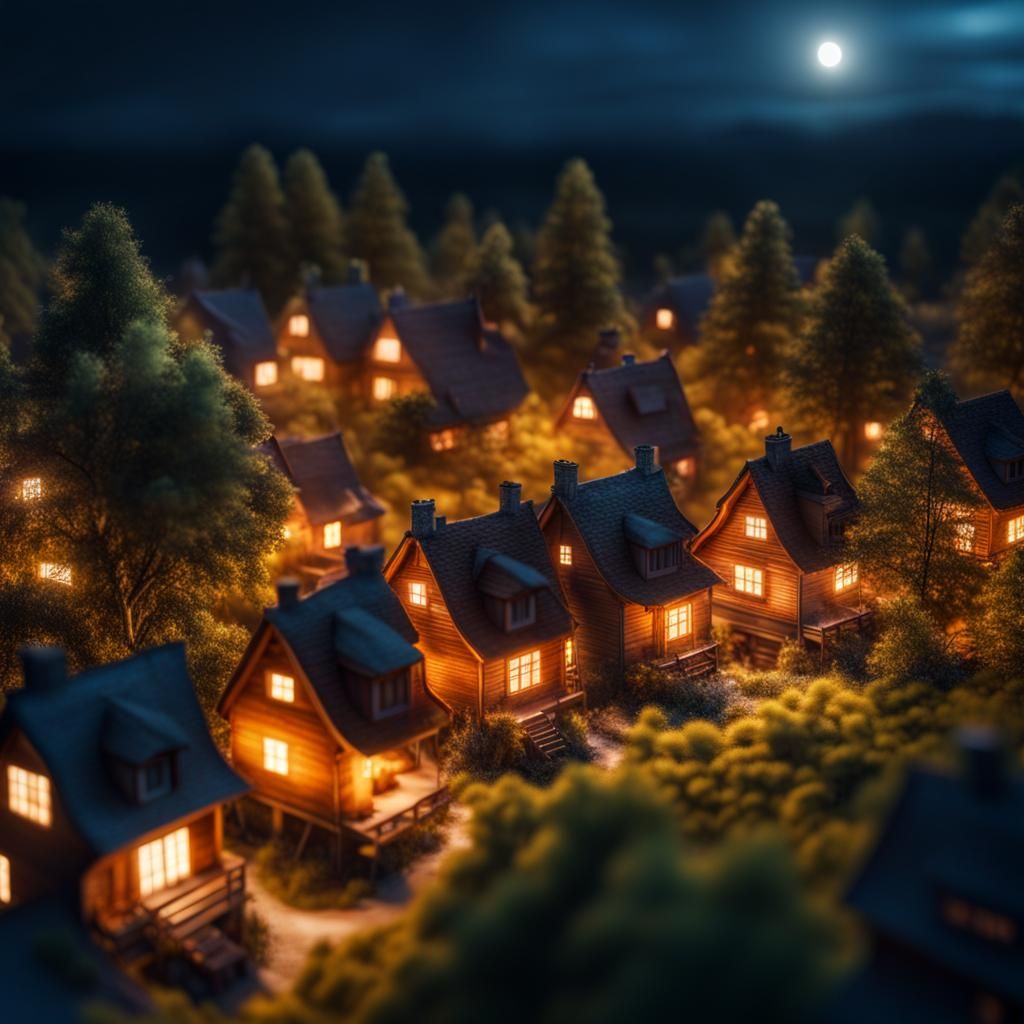 in a top of tree we see a firy village smal world , lighting power star ...