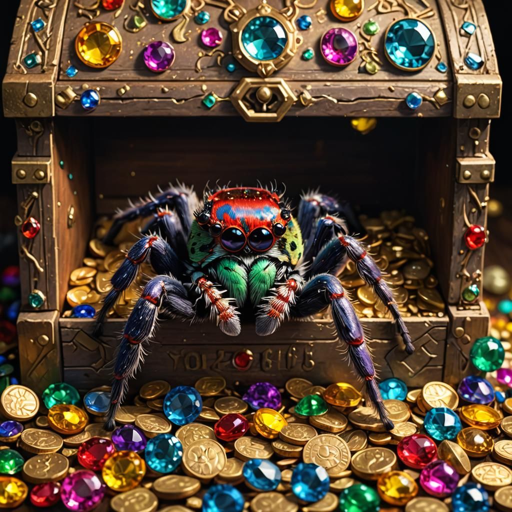 Colourful jumping spider sitting in a treasure chest filled with ...