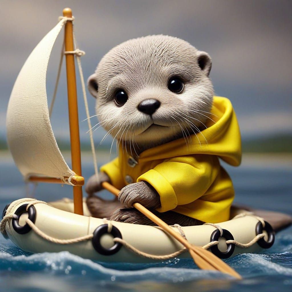 very detailed image of a small otter figure on a mini sailing ship on a ...