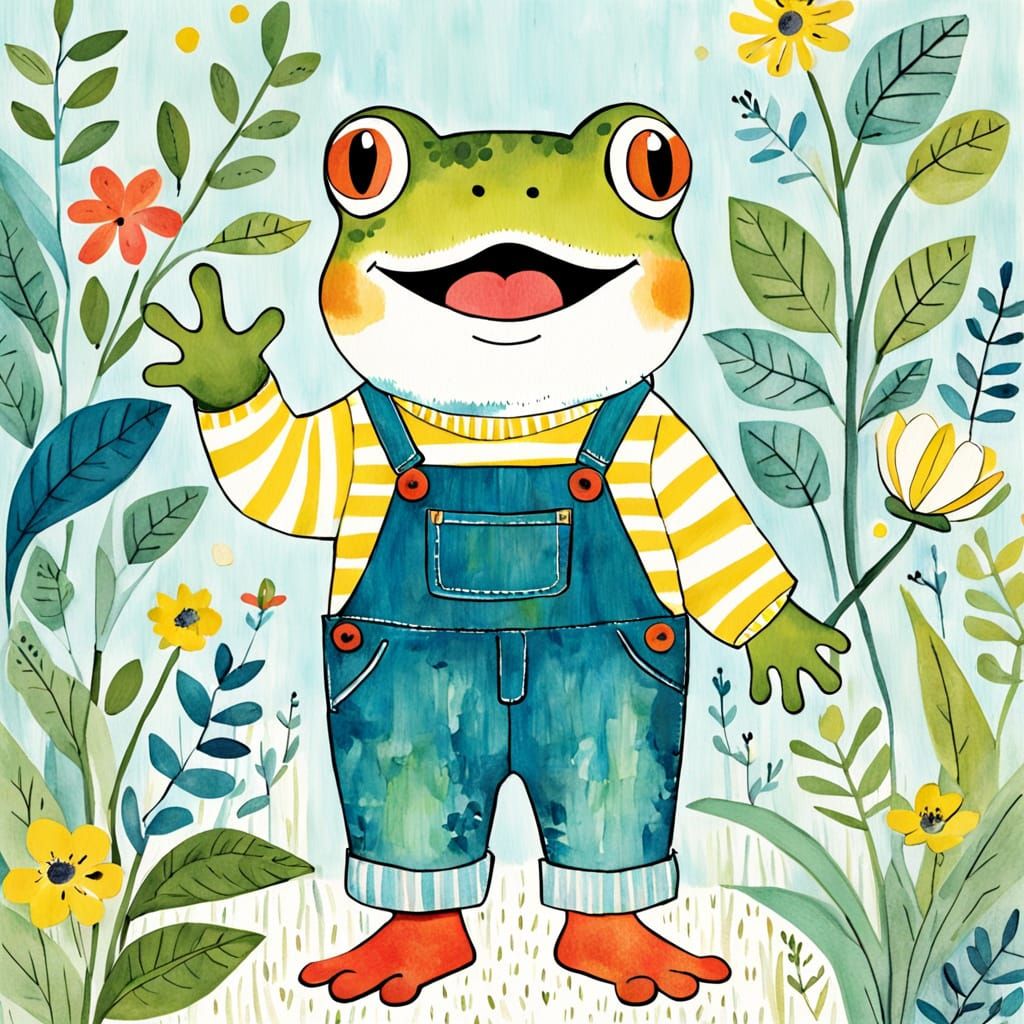 Whimsical Watercolor Frog Cub in Striped Shirt and... - AI Art