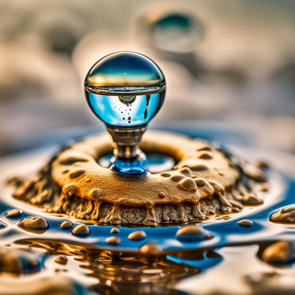 A close up view of a water drop dripping from a faucet showing a ...