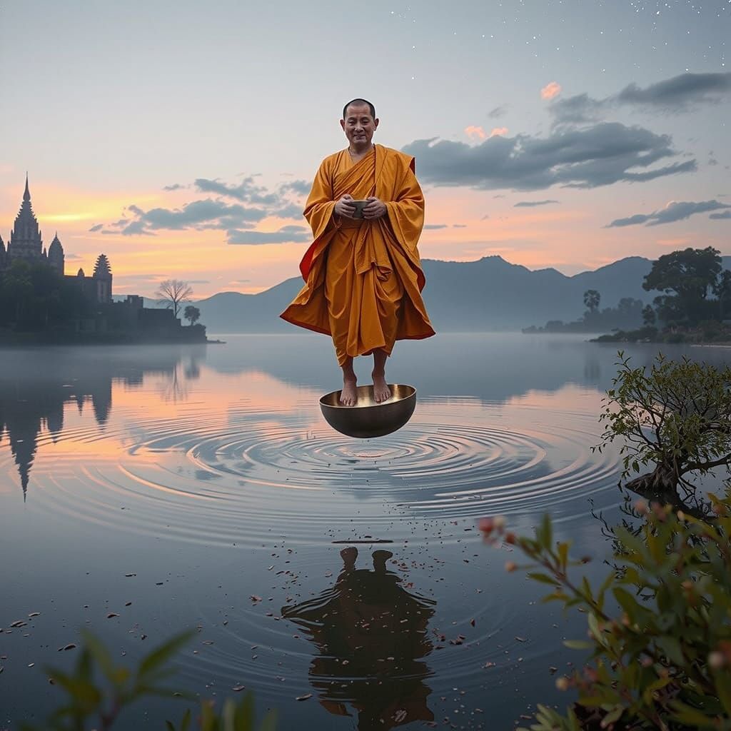 Flying monk #2 - Serene Buddhist Monk Levitates Above Tranqu...