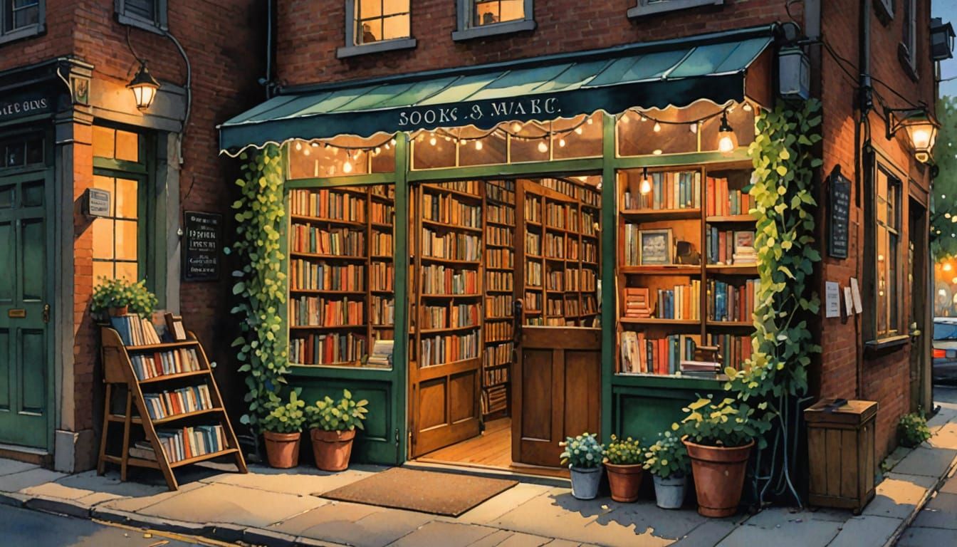 Charming Bookstore Scene in Watercolor Style - AI Art