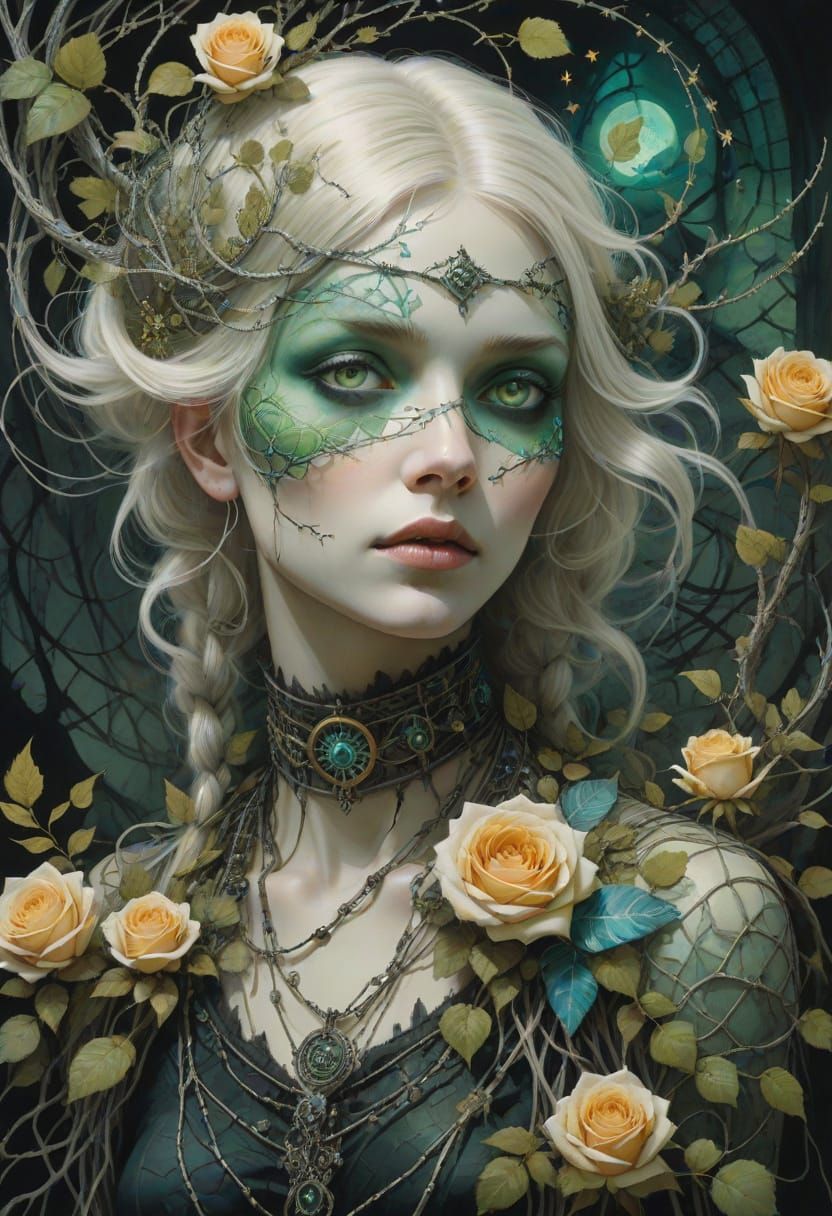 A pale, otherworldly woman with fractal-like vines cracking across her ...