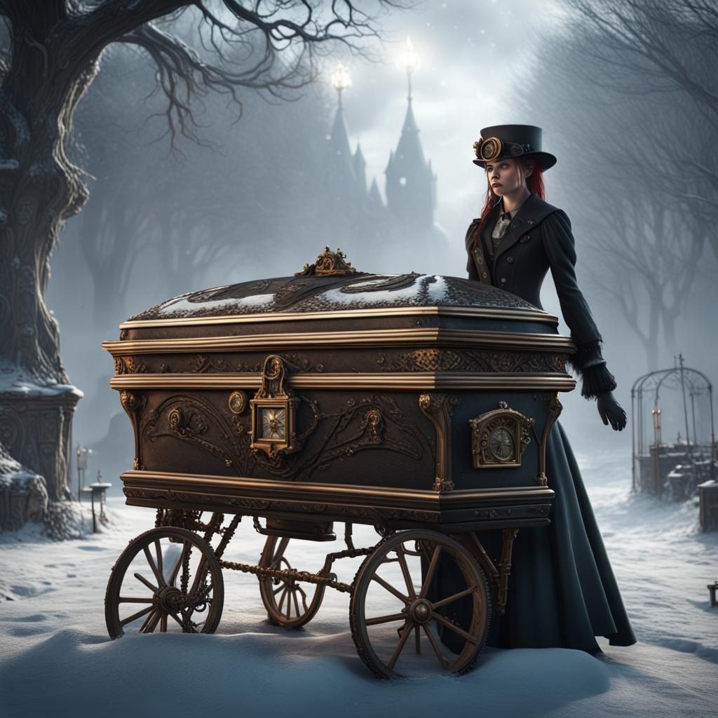 steampunk funeral coffin with girl standing in the front during winter ...