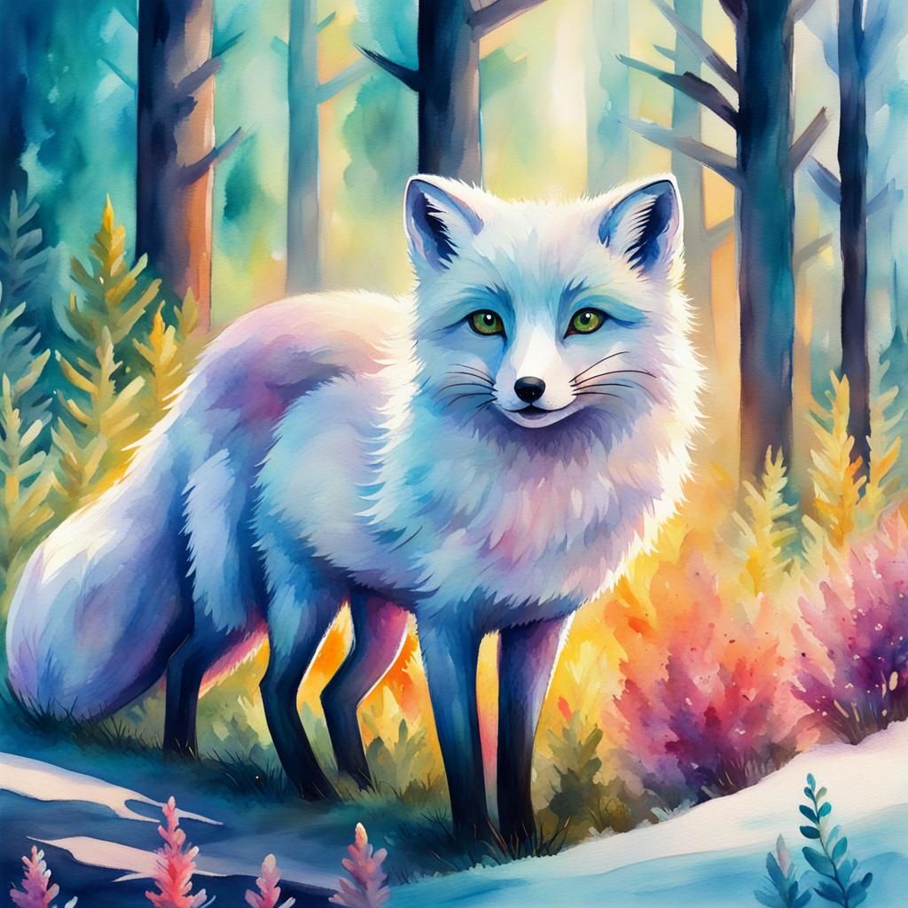 Cute magical fantasy arctic fox on a forest clearing glow beetles cool colors loose watercolor ...