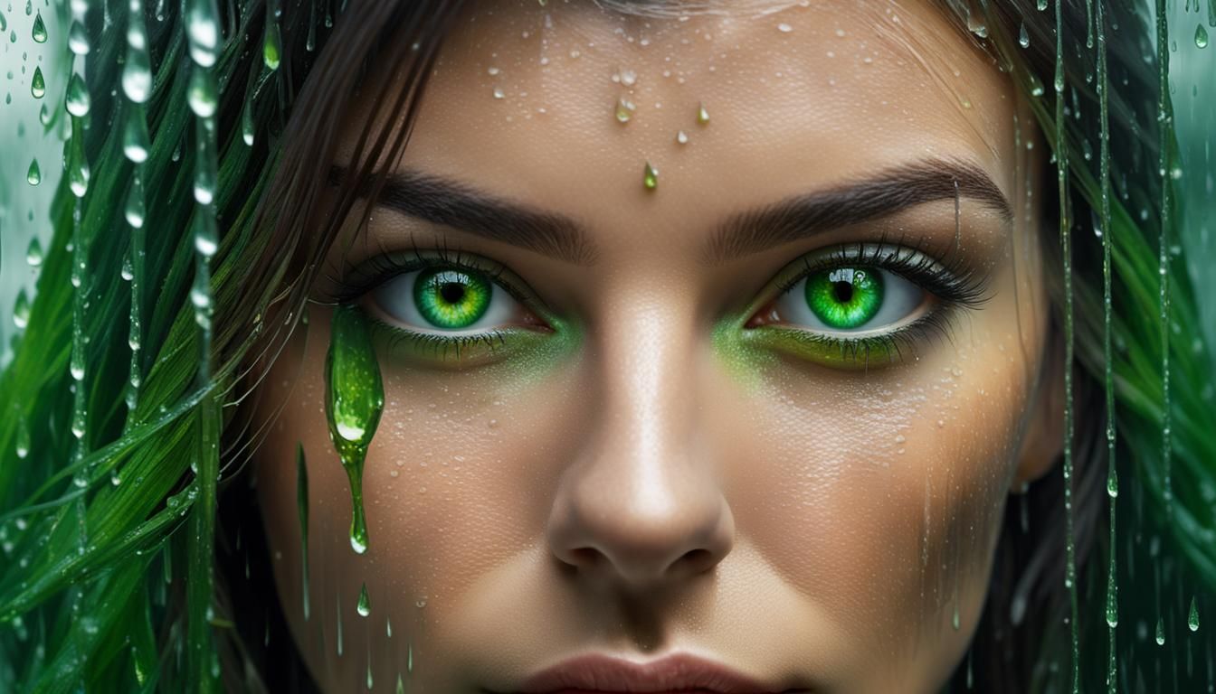 Close-up of a beautiful girl's face through a window covered with rain ...