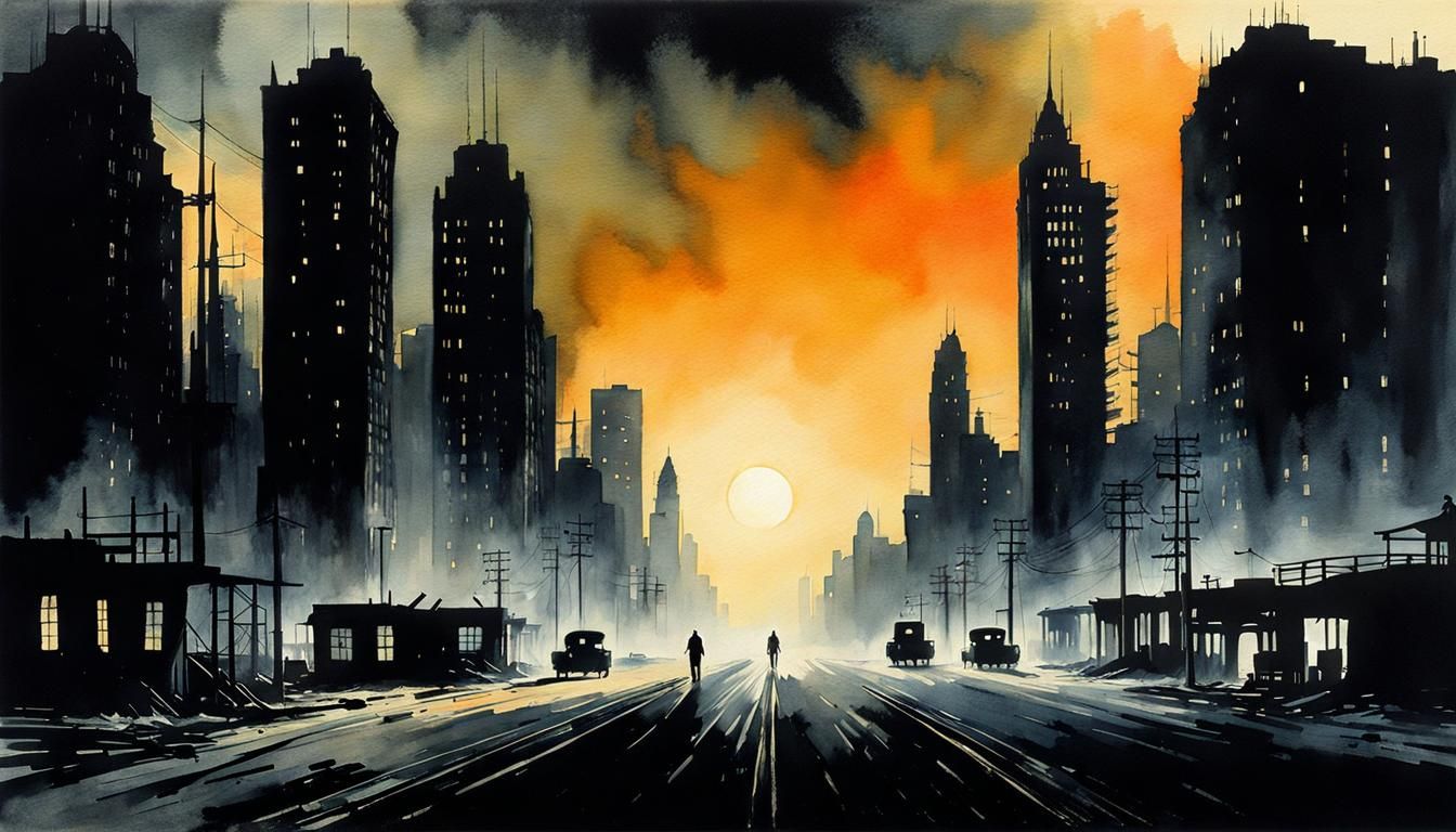 " Ghost Town": shadowy figures in a big nearly deserted dystopian city ...