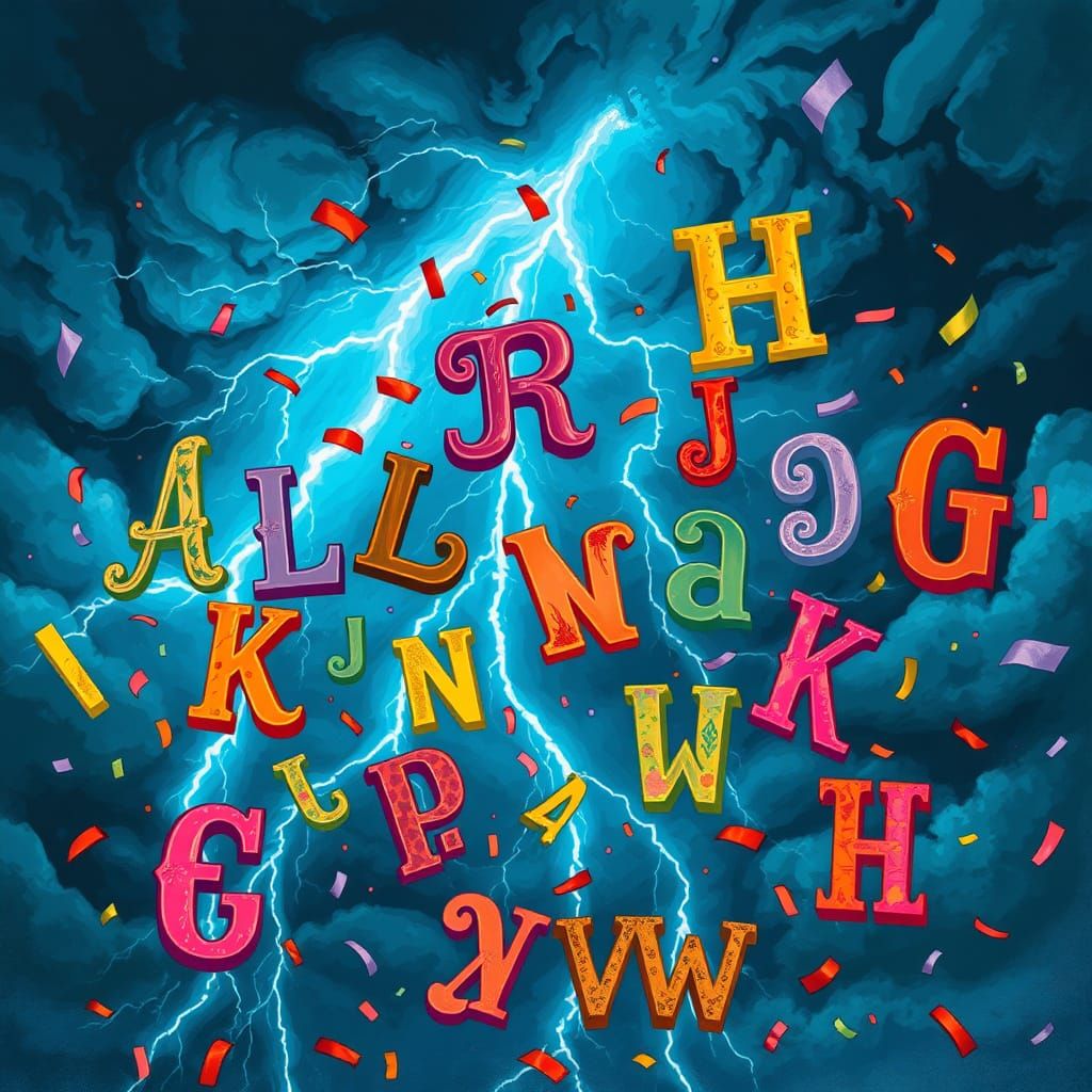 Rainy Alphabet Dance in Vibrant Fonts and Electric... - AI Art