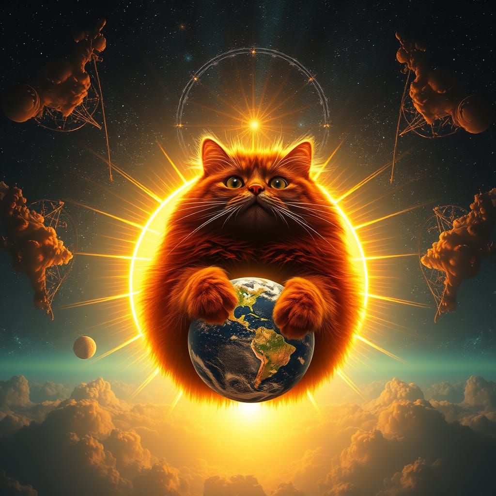 The World is MEOW!.. - Cosmic Feline Majesty in Golden Light
