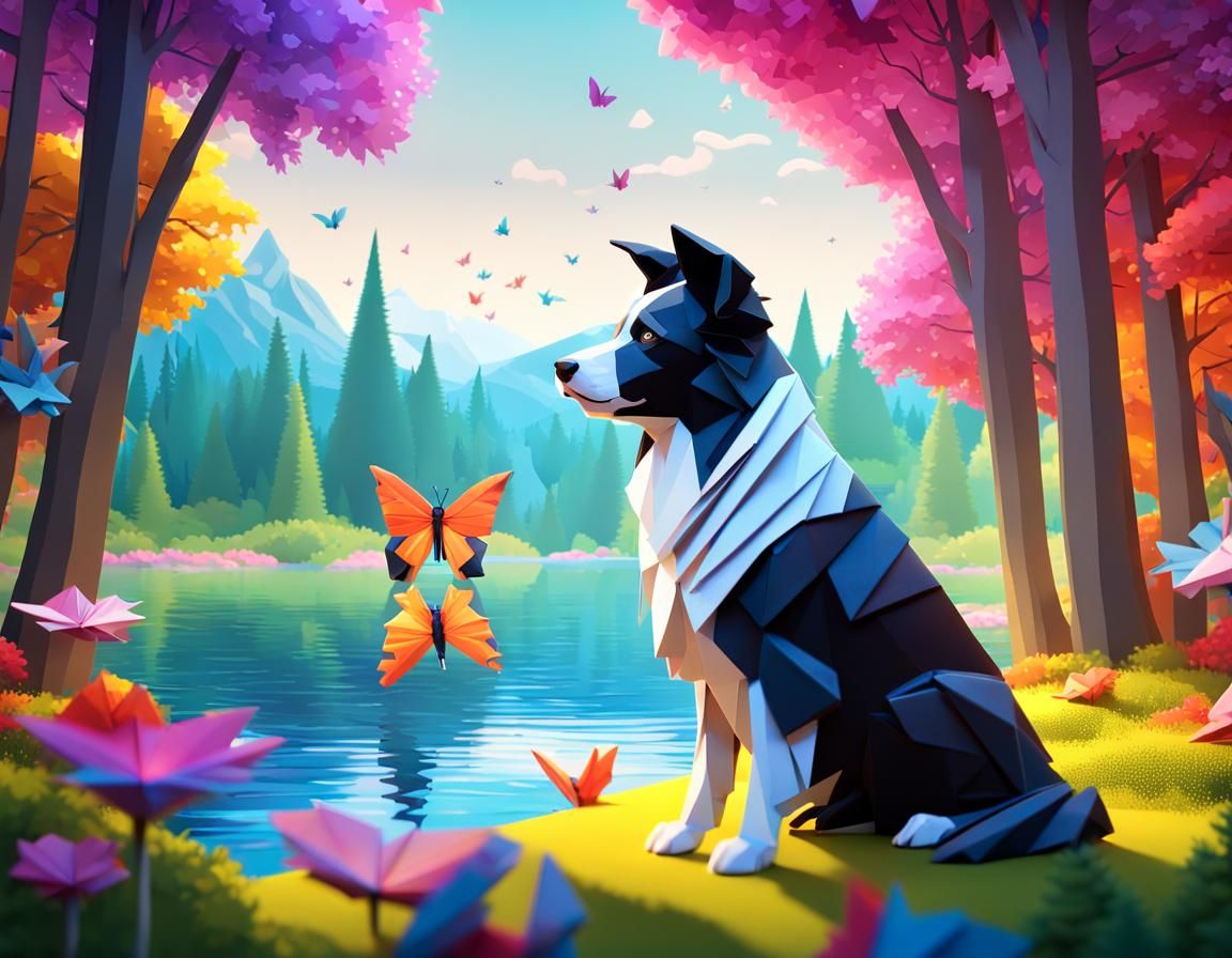 Origami border collie sits happily and watches an origami butterfly in ...