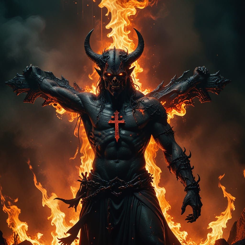Satan with Inverted Cross in Fiery Gothic Hell - AI Art