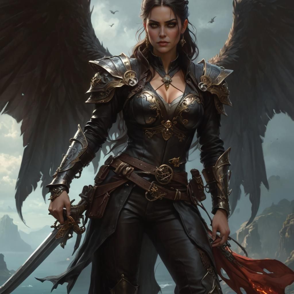 High fantasy epic beautiful female shadowy demon pirate, black leather ...