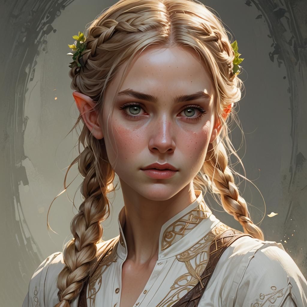 young elf girl with honey blond hair in french braid, very thin, gangly ...