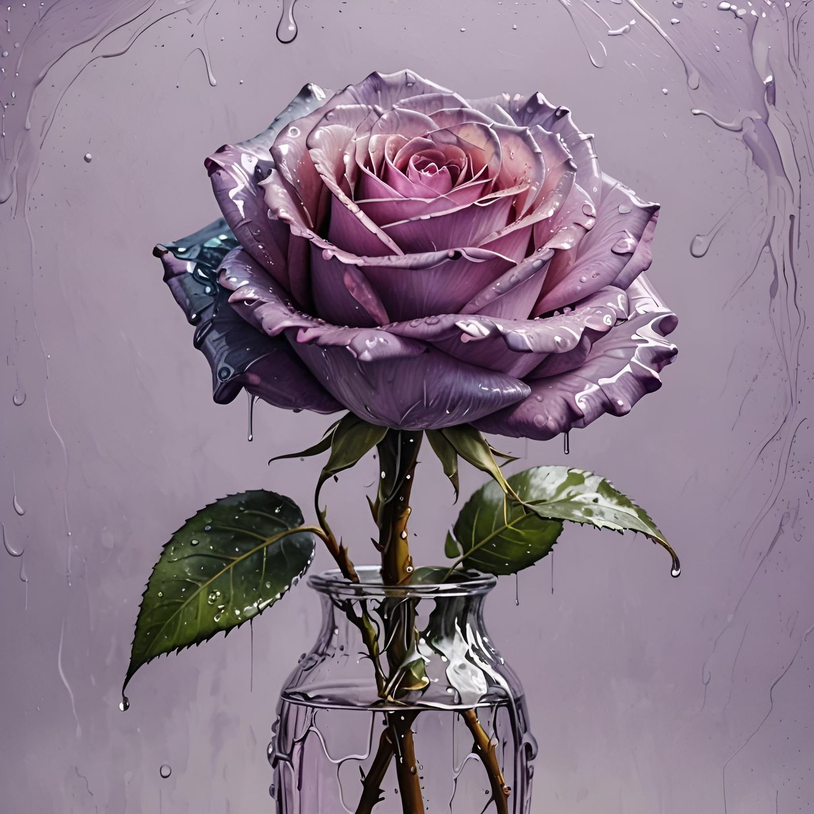 beautiful wet driping rose in a light purple color sitting in a vase ...