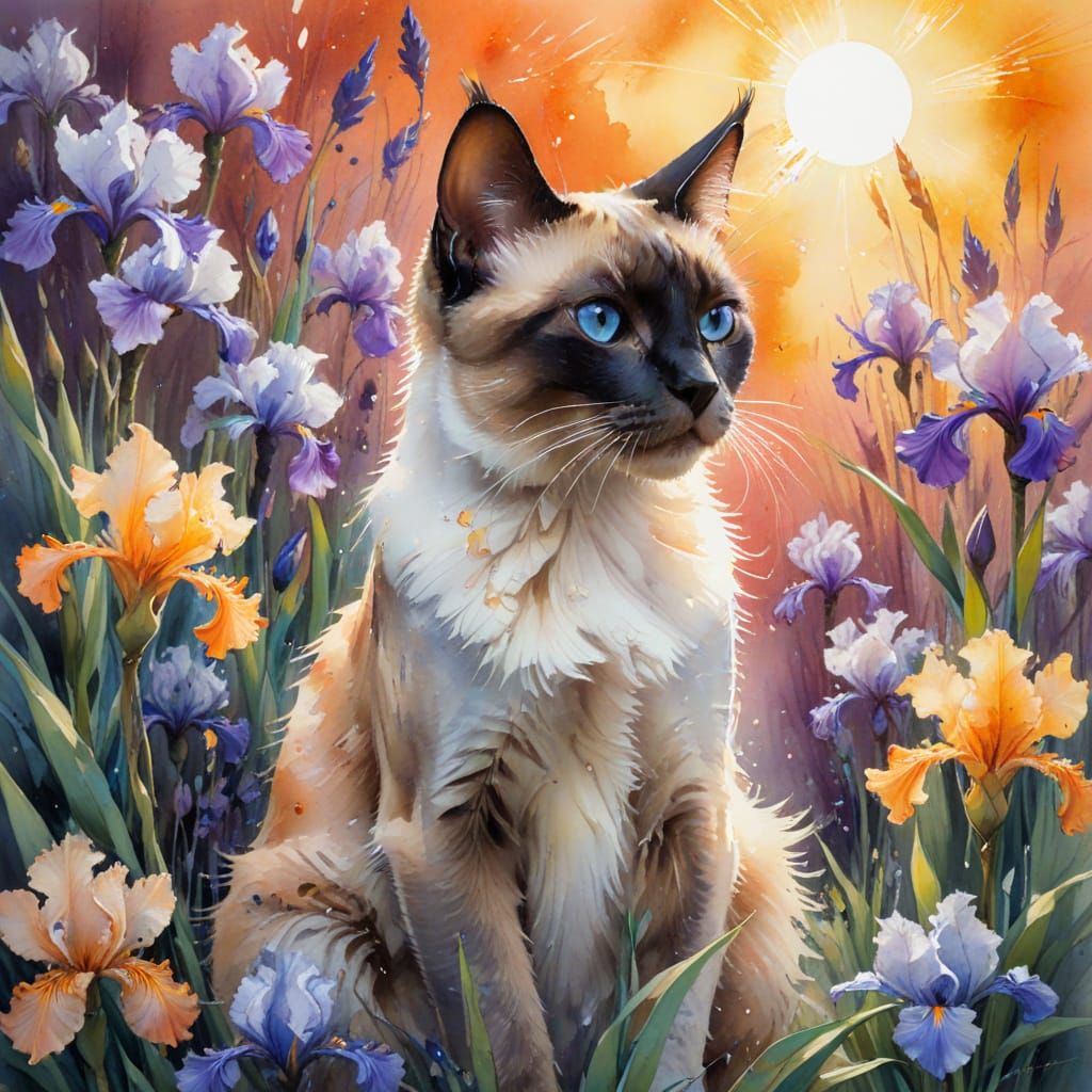 Siamese and Irises at Sunset. - Siamese and Irises at Sunse...