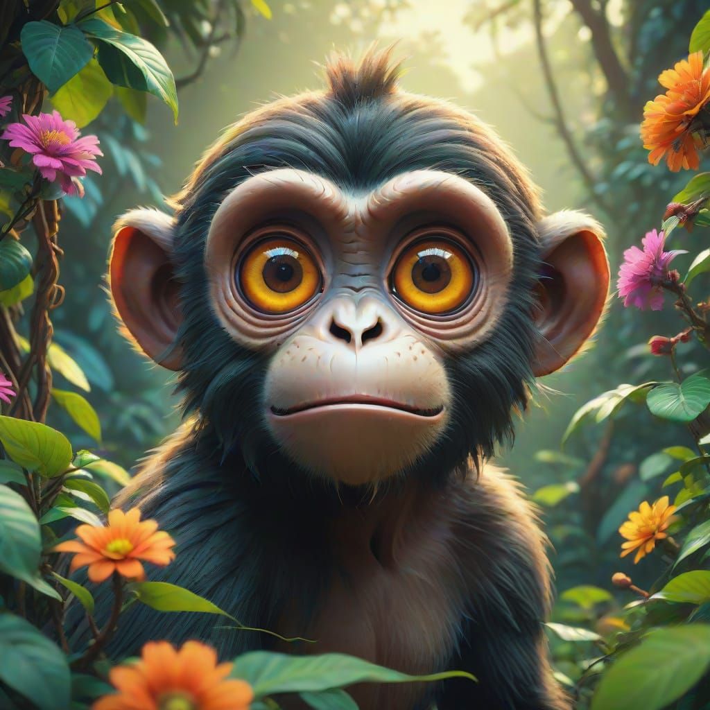 A hyperrealistic, hyperdetailed, fuzzy big eyed monkey hybrid, with ...