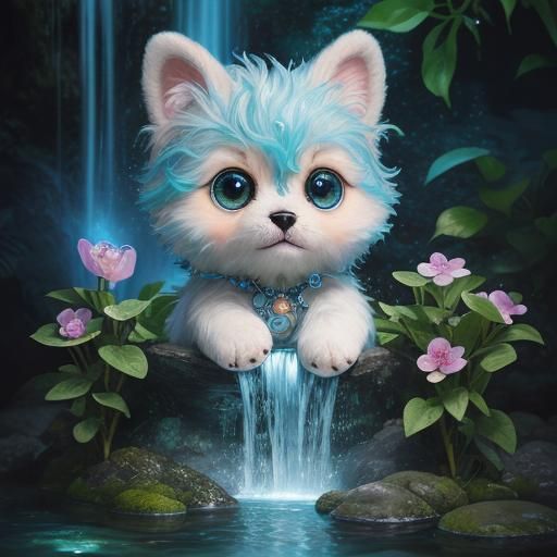 adorable cute chibi baby furry Puppy with a bioluminescent Waterfall in ...
