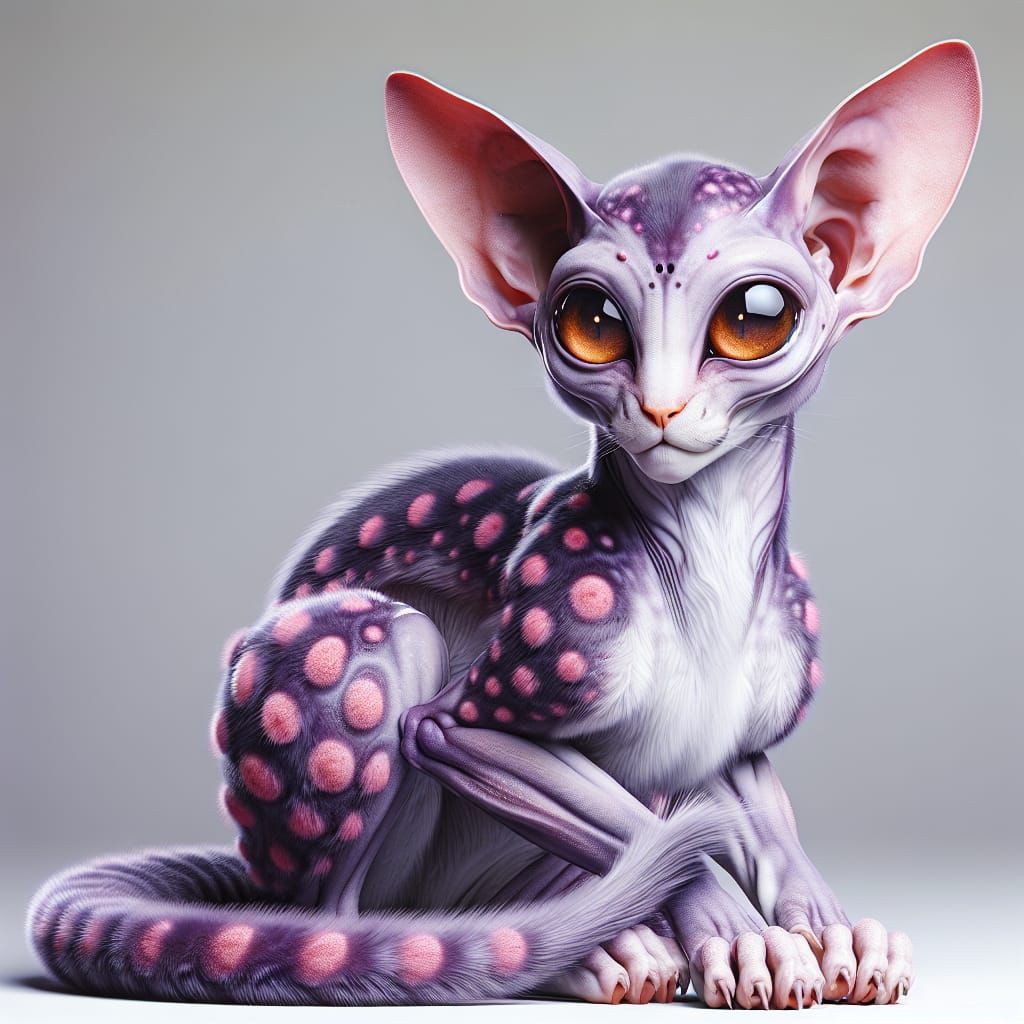 a graceful alien cat with enormous amber eyes and purple fur with pink ...