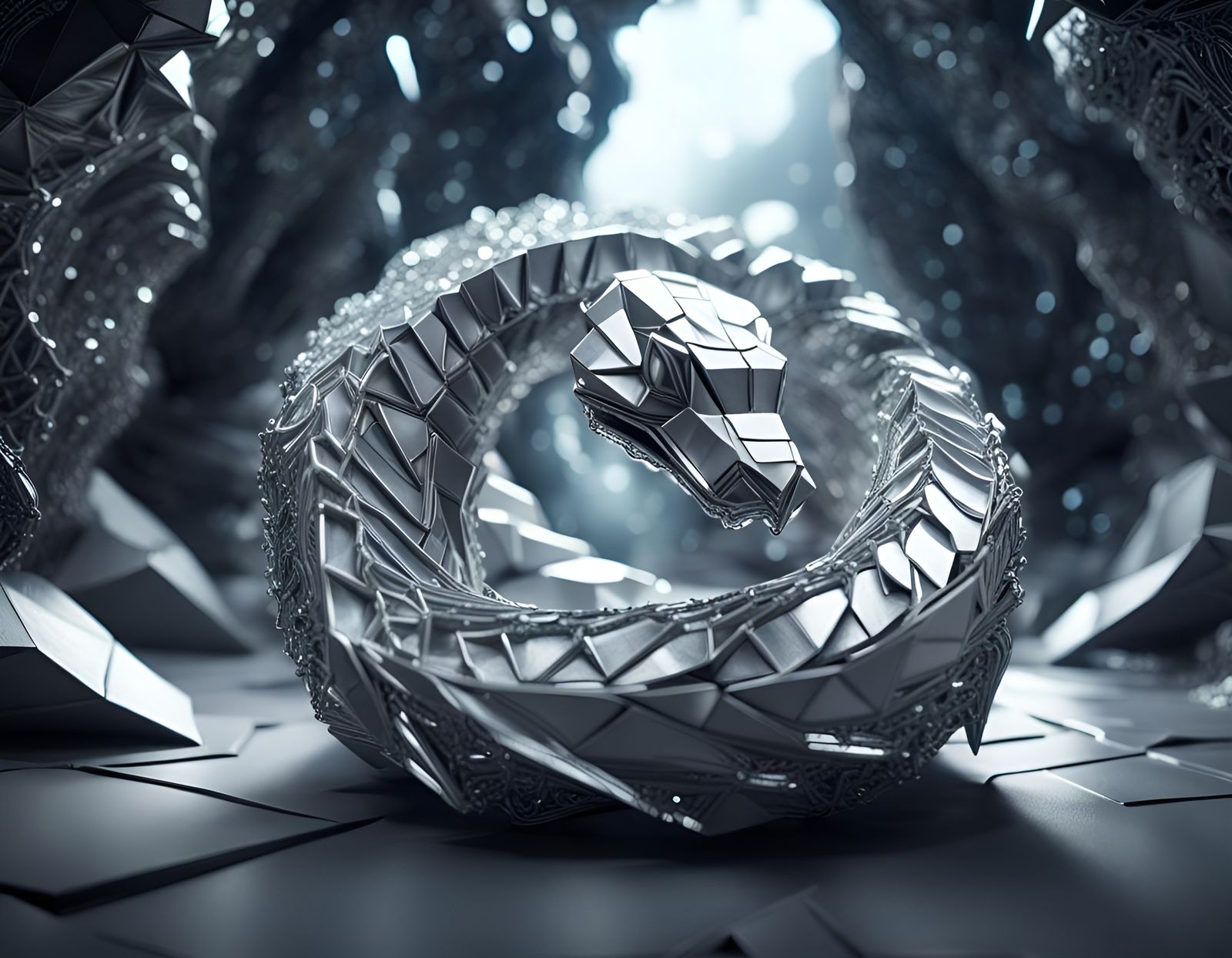 (Crystal Caves) A origami snake, ethereal, hypermaximalist, intricate ...