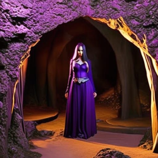 Beautiful dark Violet Witch. entering magic lair to to cast spells ...
